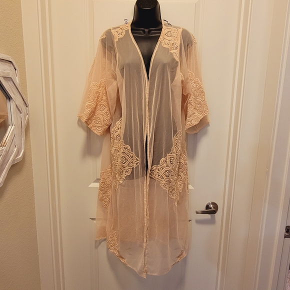 Tops | Creamish Nude Sheer Mesh Lace Crochet Duster | Poshmark